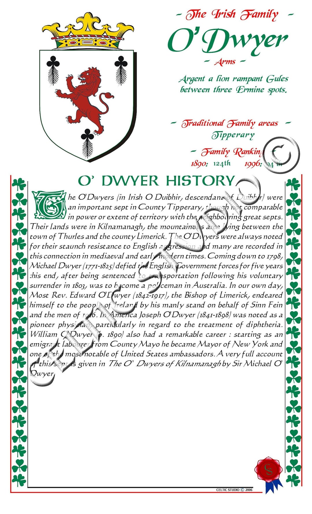 O'dwyer Irish Family History - Etsy