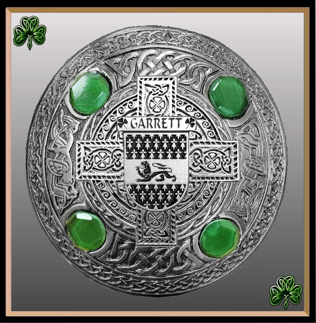 Garrett Irish Coat of Arms Celtic Cross Plaid Brooch With Green Stones ...