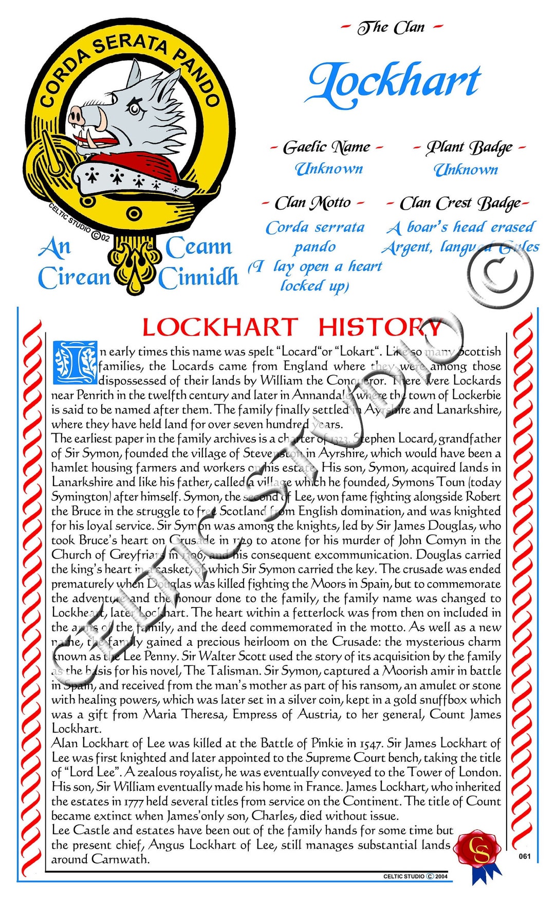 Lockhart Scottish Clan History - Etsy