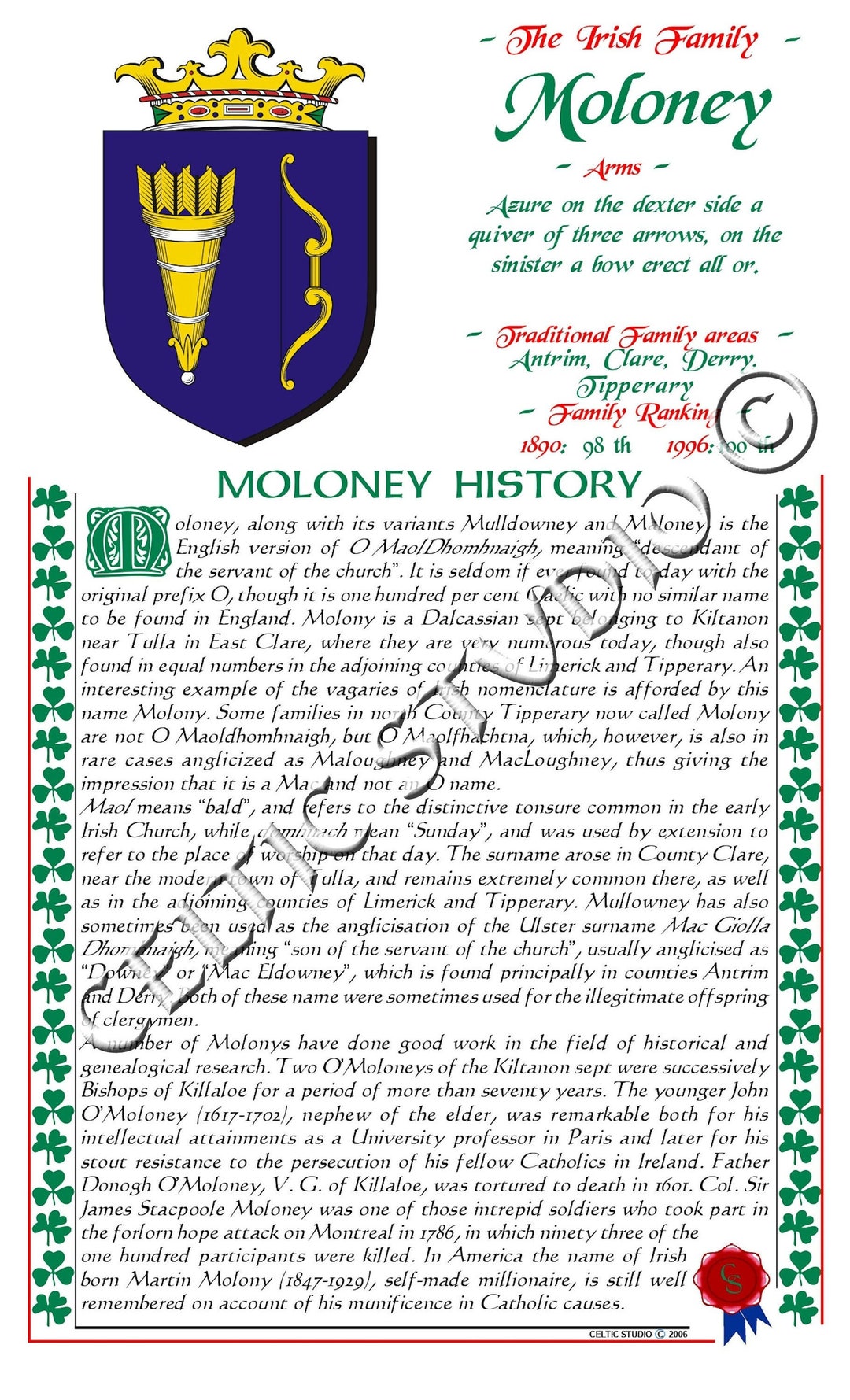 Moloney Irish Family History - Etsy