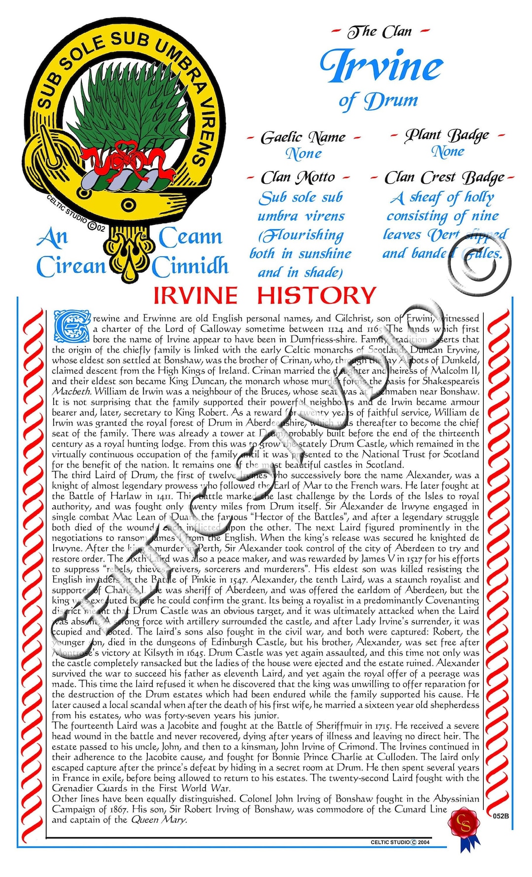 Irvine Drum Scottish Clan History - Etsy