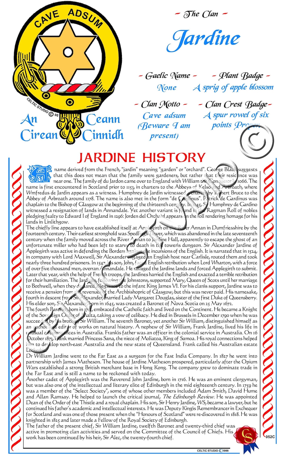 Jardine Scottish Clan History - Etsy