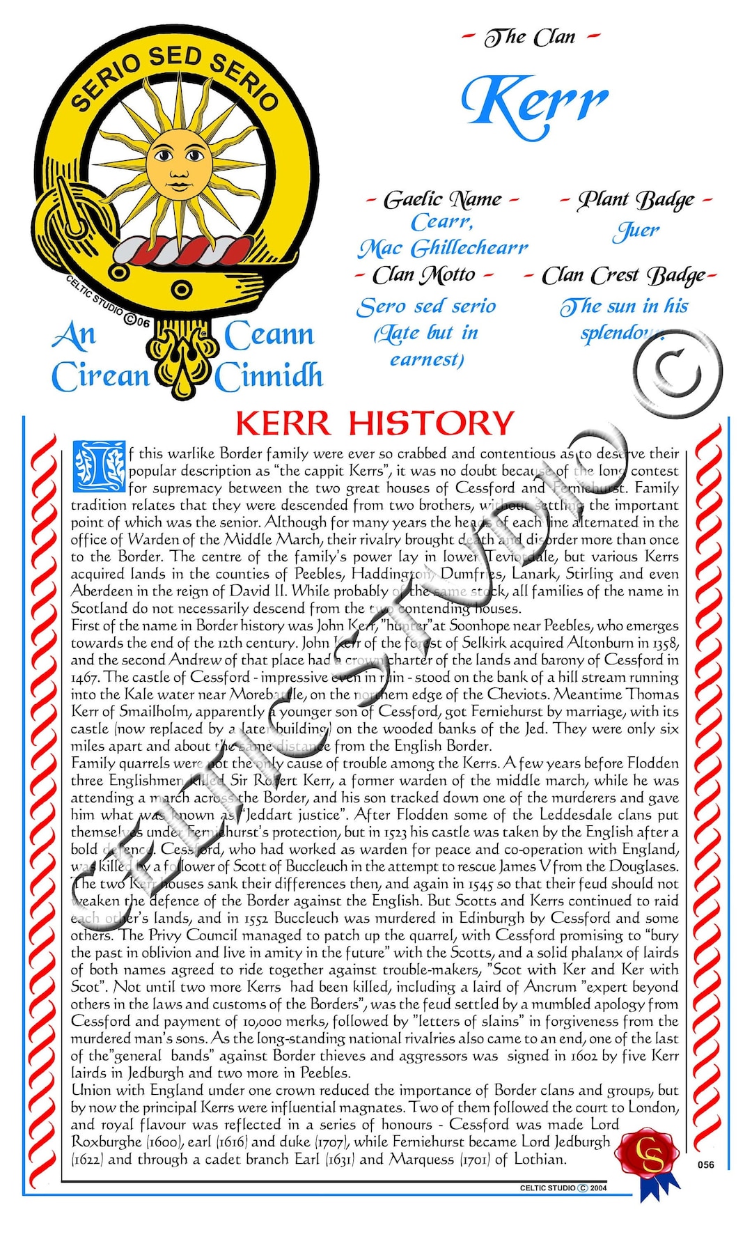 Kerr Scottish Clan History - Etsy
