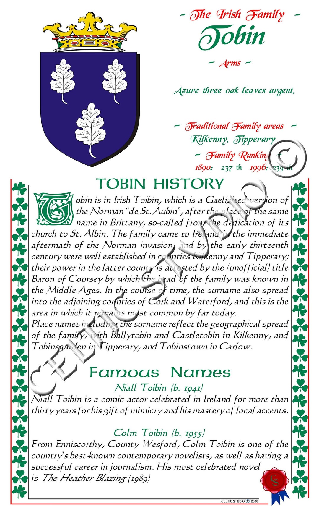 Tobin Irish Family History - Etsy