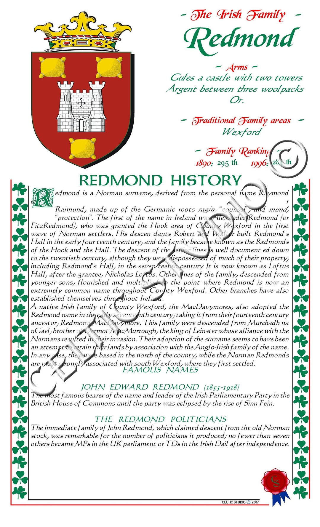 Redmond Irish Family History - Etsy