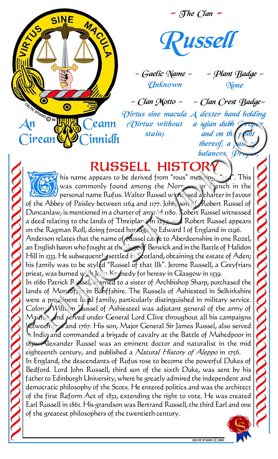 Russell Scottish Clan History - Etsy