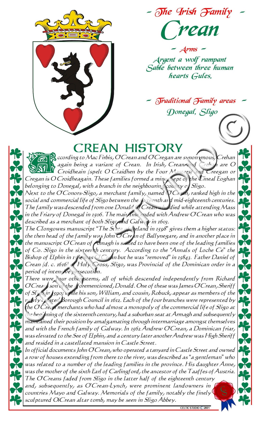 Crean Irish Family History - Etsy