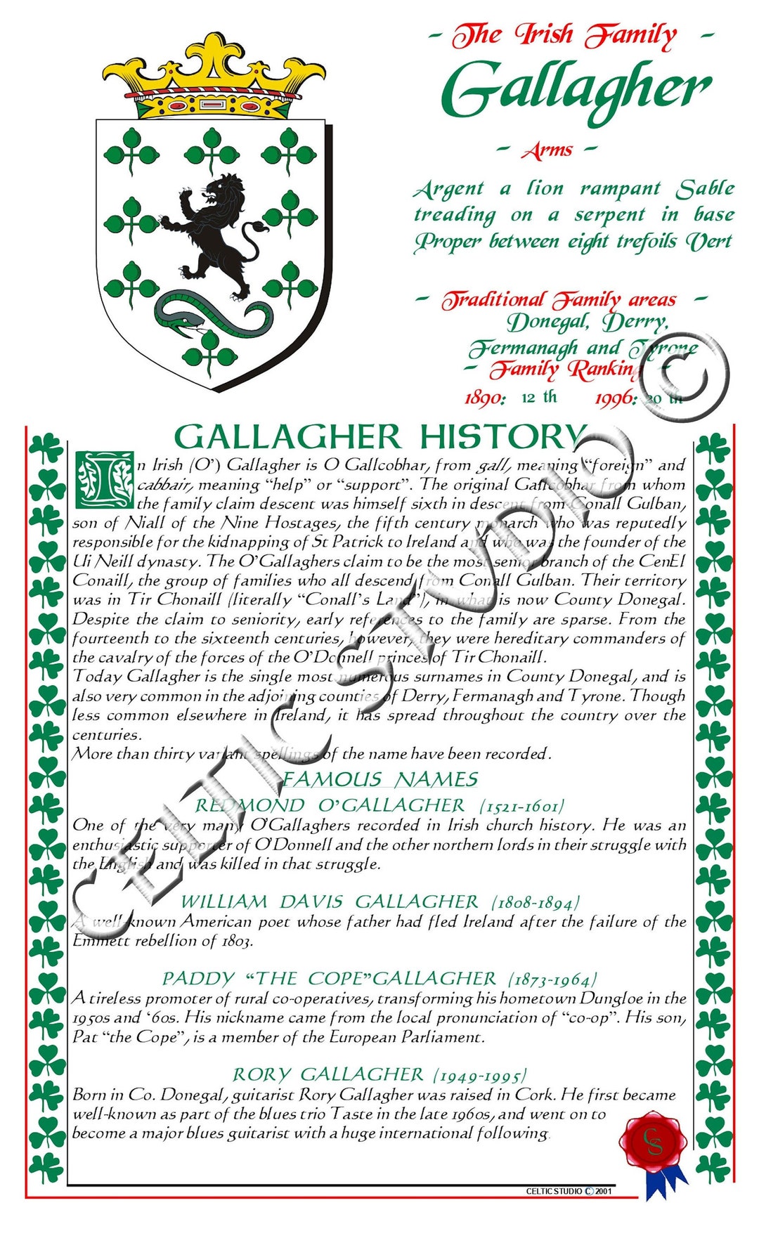 Gallagher Irish Family History - Etsy