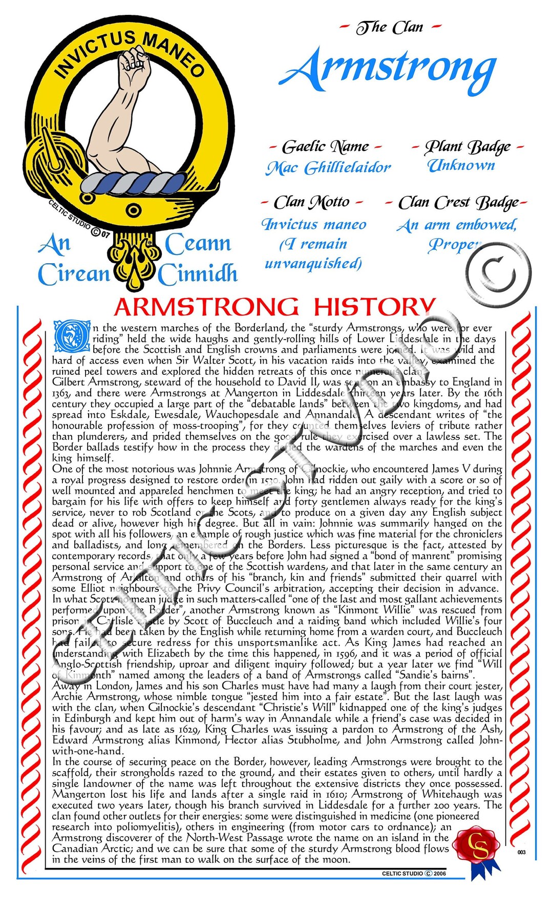 Armstrong Scottish Clan History - Etsy