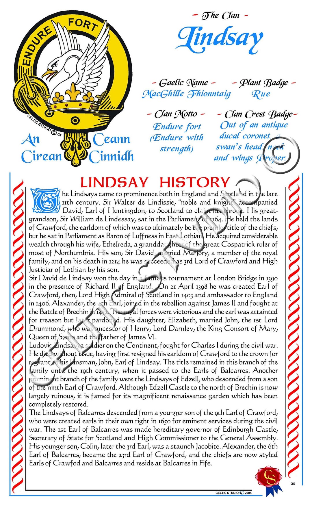 Lindsay Scottish Clan History - Etsy