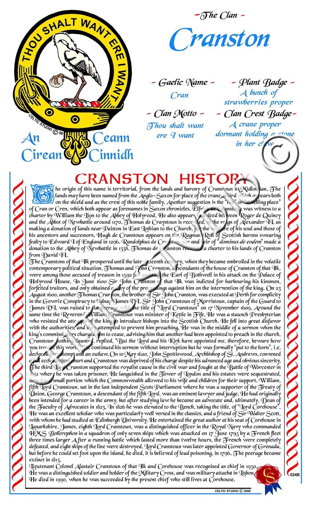 Cranston Scottish Clan History - Etsy
