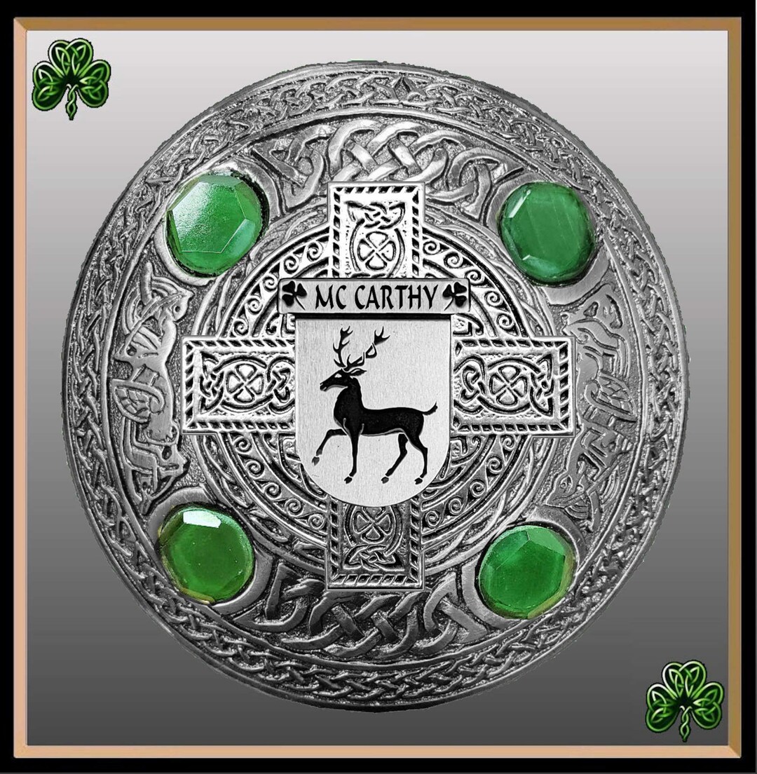 Mccarthy Irish Coat of Arms Celtic Cross Plaid Brooch With Green Stones ...