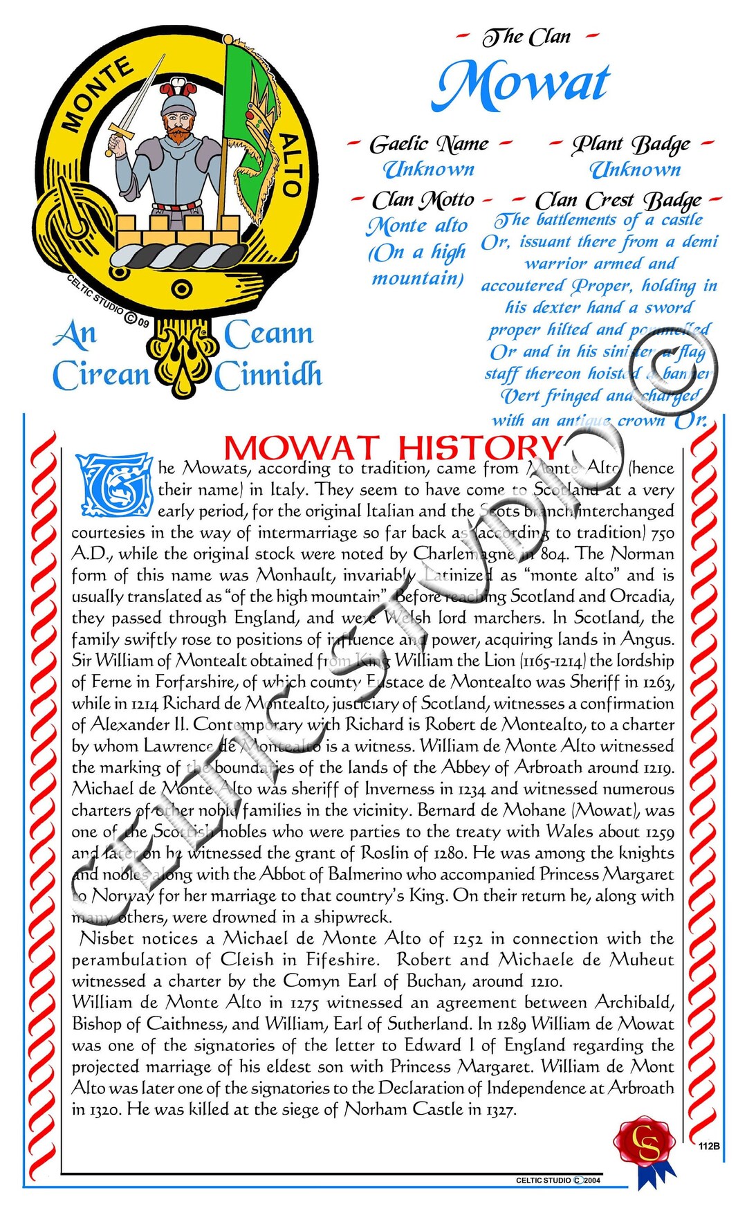 Mowat Scottish Clan History - Etsy Australia