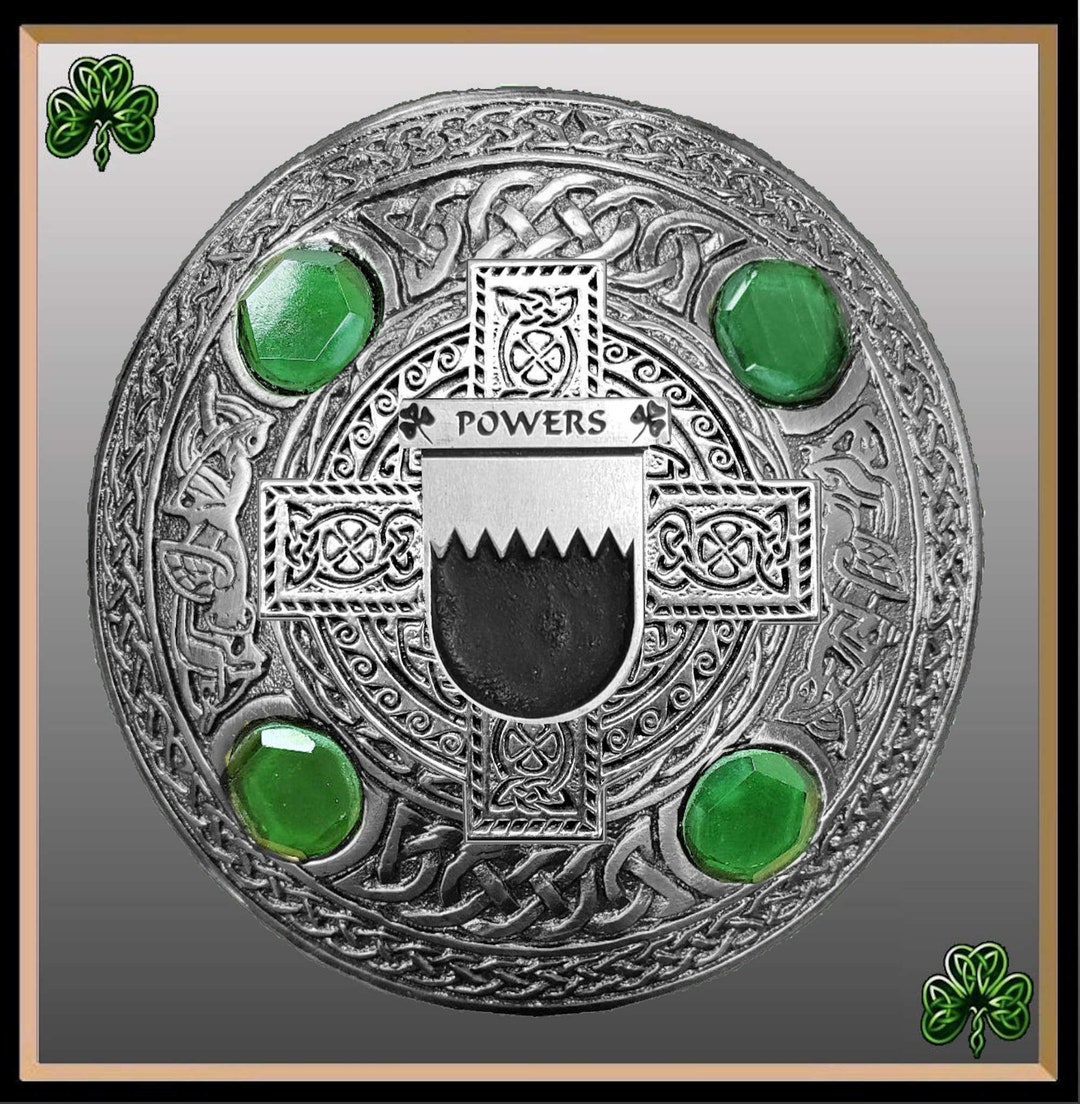 Powers Irish Coat of Arms Celtic Cross Plaid Brooch With Green Stones ...