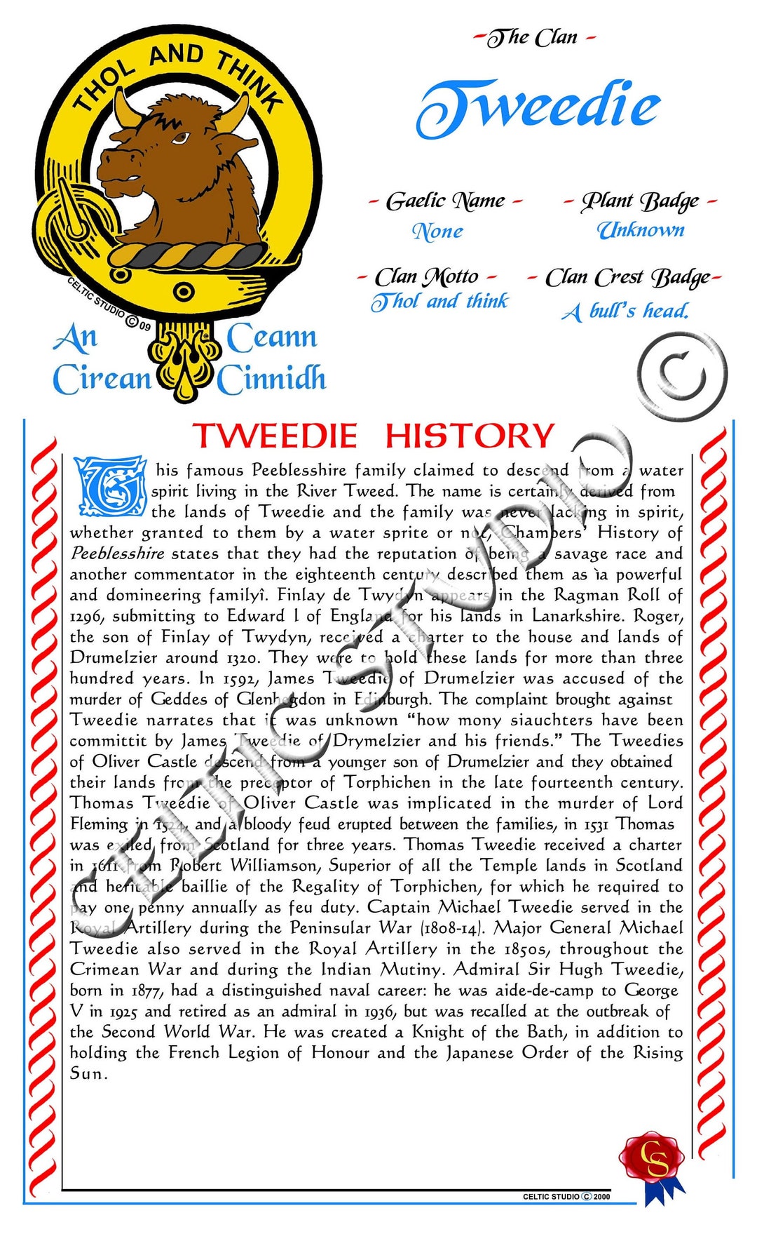 Tweedie Scottish Clan History - Etsy