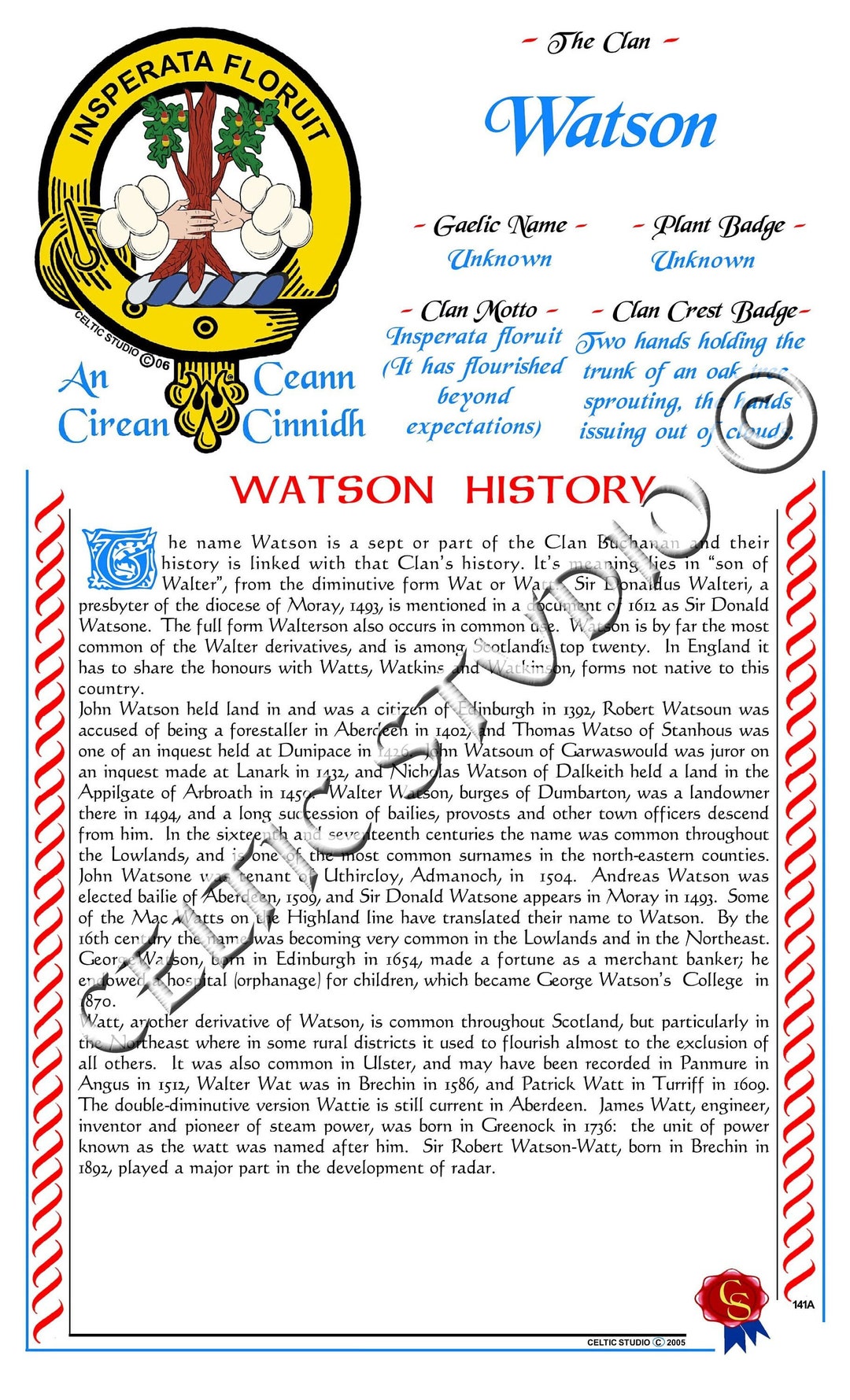 Watson Scottish Clan History - Etsy
