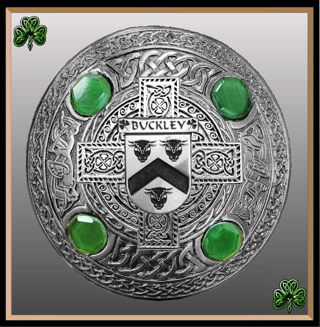 Buckley Irish Coat of Arms Celtic Cross Plaid Brooch With Green Stones ...