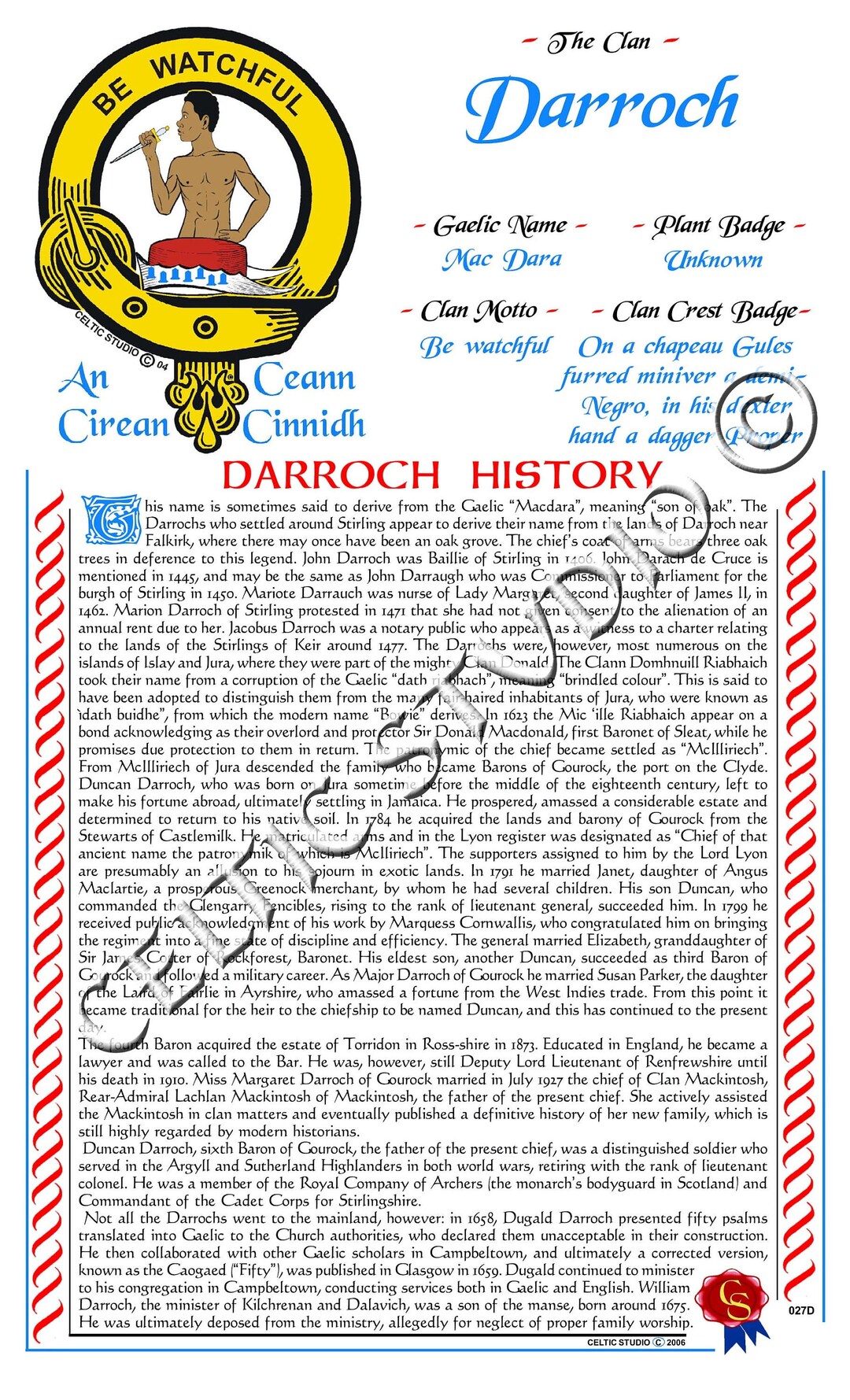 Darroch Scottish Clan History - Etsy
