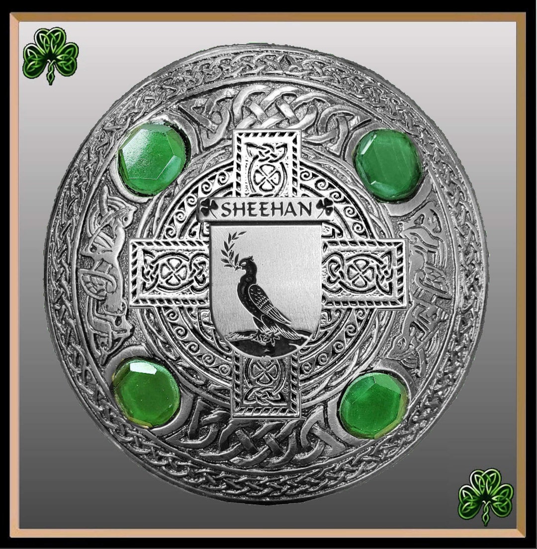 Sheehan Irish Coat of Arms Celtic Cross Plaid Brooch With Green Stones ...