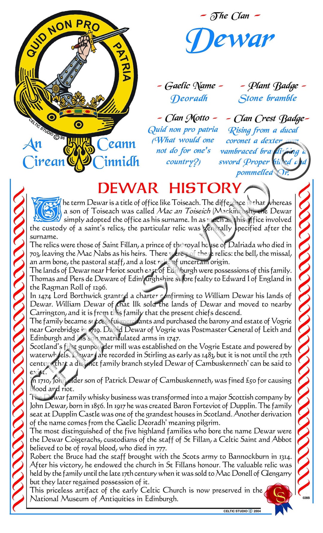 Dewar Scottish Clan History - Etsy UK