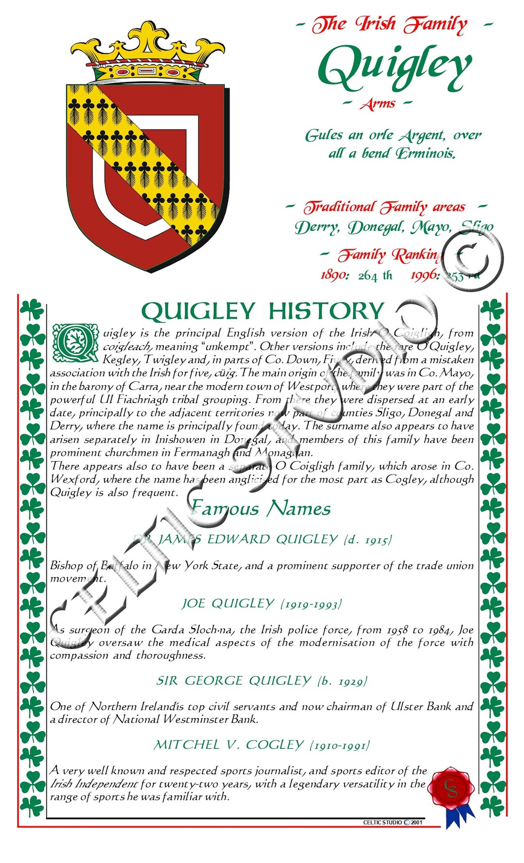 Quigley Irish Family History - Etsy