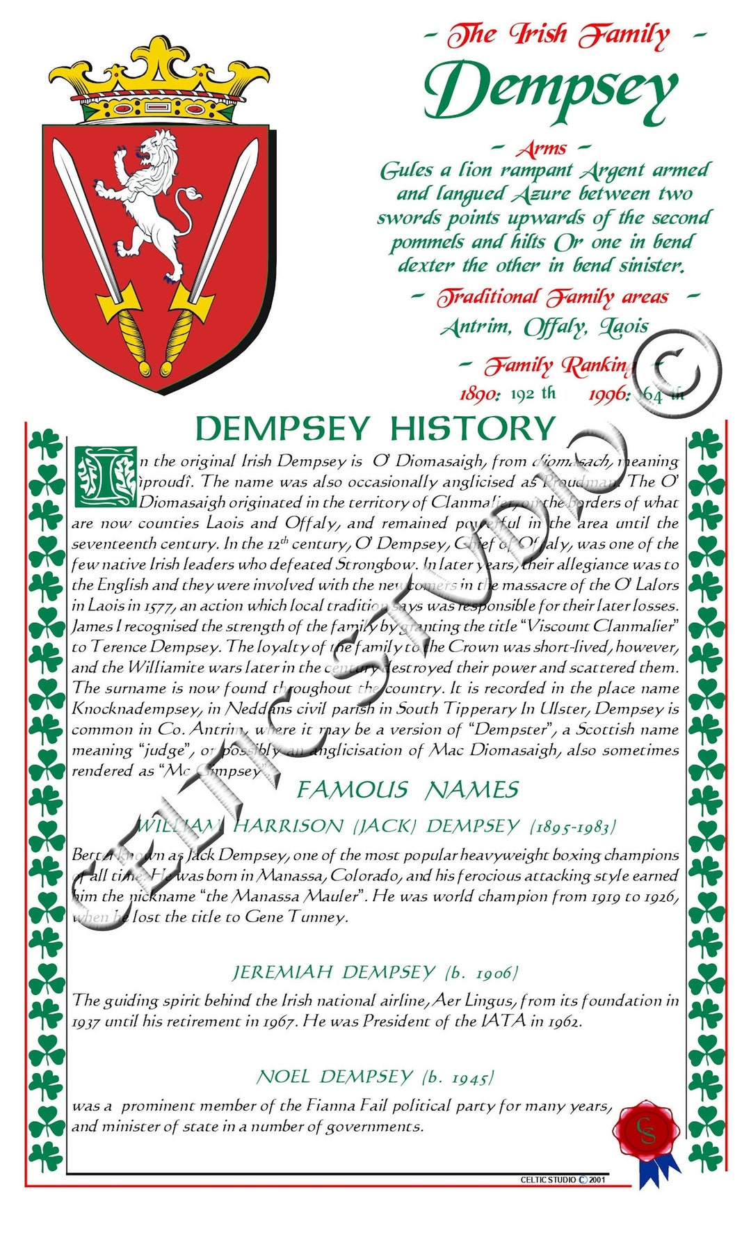 Dempsey Irish Family History - Etsy
