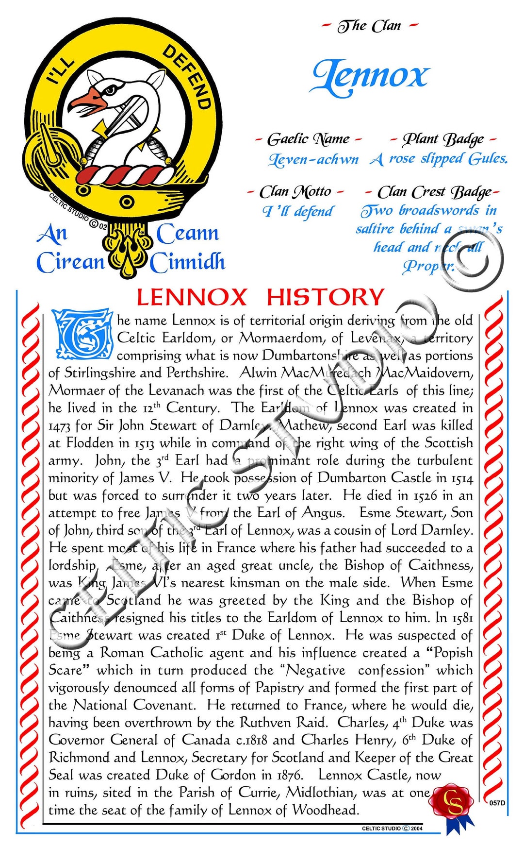 Lennox Scottish Clan History - Etsy