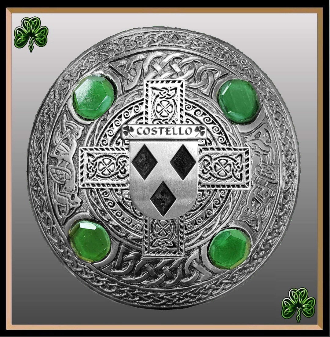 Costello Irish Coat of Arms Celtic Cross Plaid Brooch With Green Stones ...