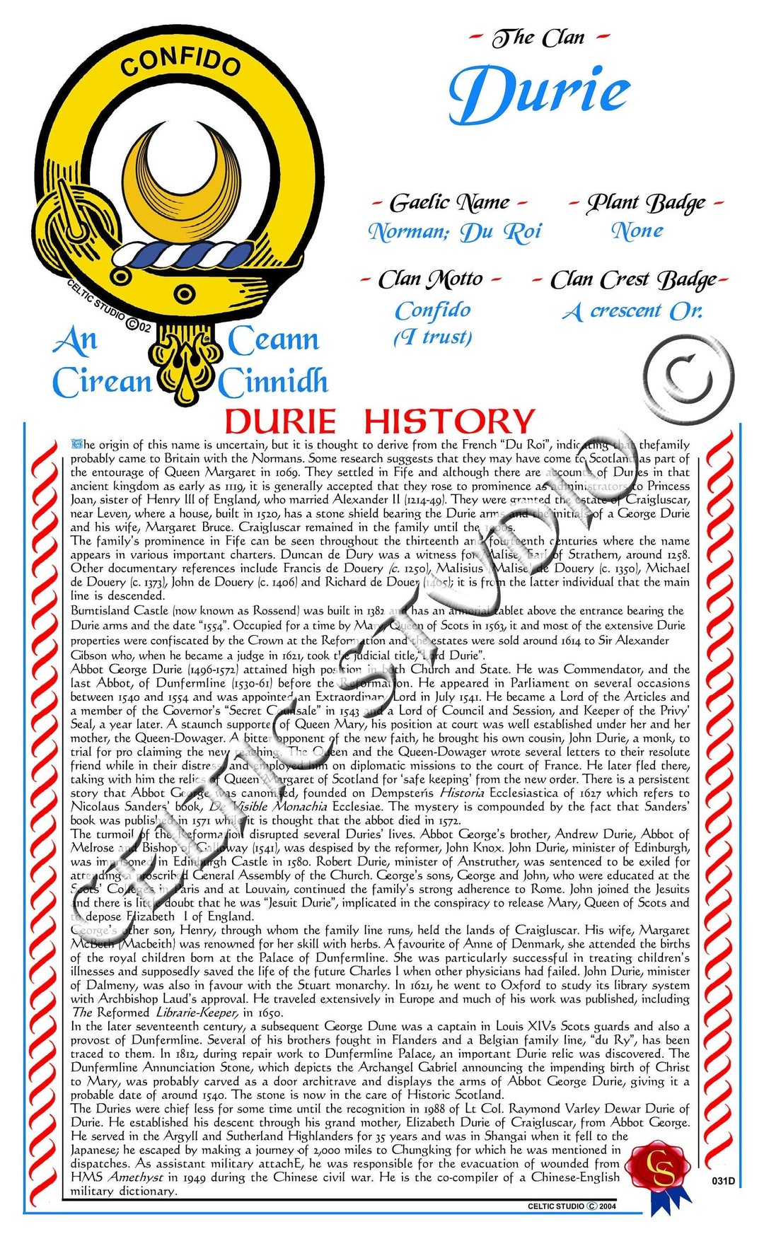 Durie Scottish Clan History - Etsy