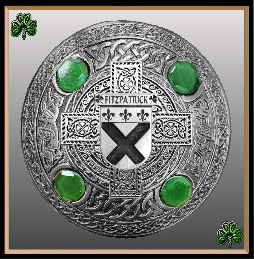 Fitzpatrick Irish Coat of Arms Celtic Cross Plaid Brooch With Green ...
