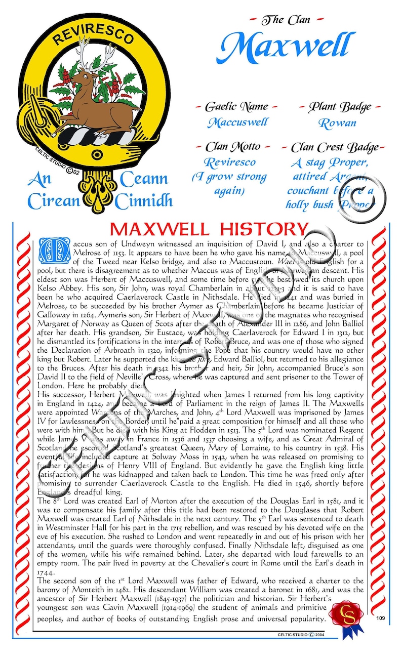 Maxwell Scottish Clan History - Etsy
