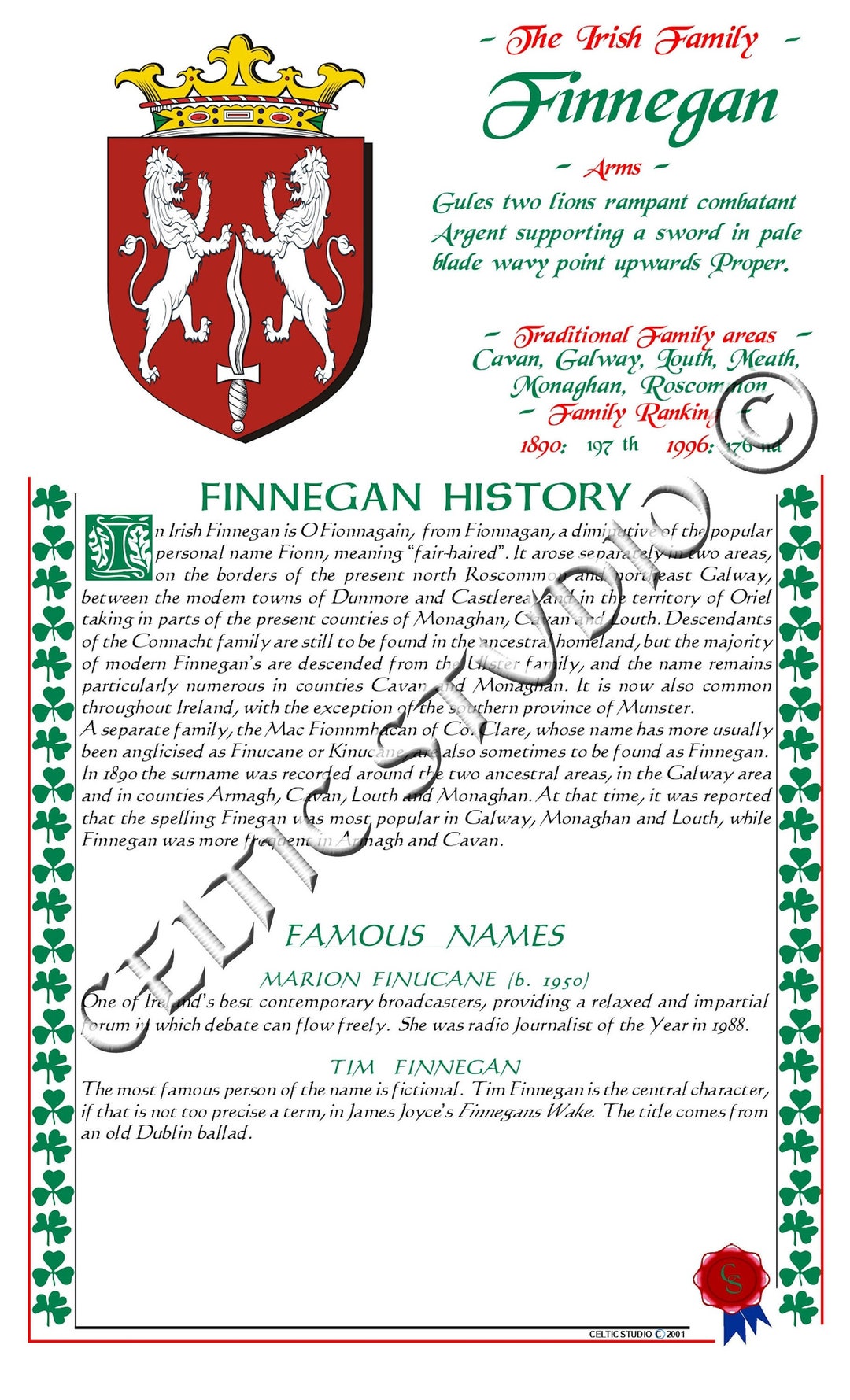Finnegan Irish Family History - Etsy