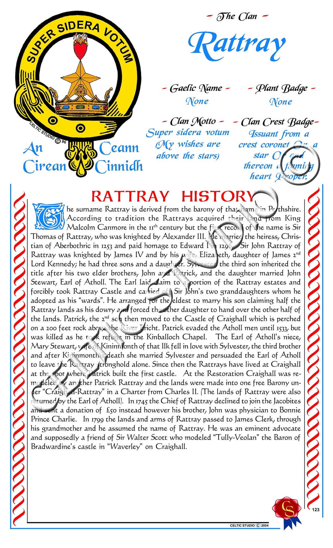 Rattray Scottish Clan History - Etsy