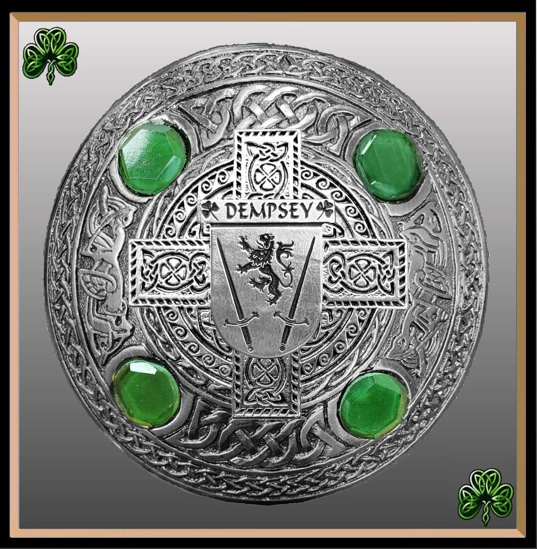 Dempsey Irish Coat of Arms Celtic Cross Plaid Brooch With Green Stones ...
