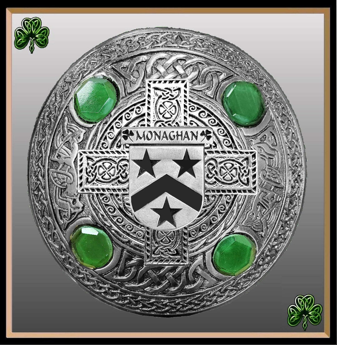 Monaghan Irish Coat of Arms Celtic Cross Plaid Brooch With Green Stones ...