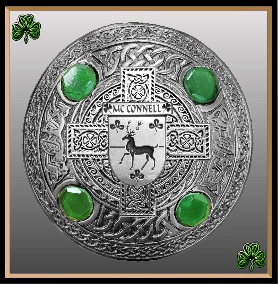 Mcconnell Irish Coat of Arms Celtic Cross Plaid Brooch With Green ...