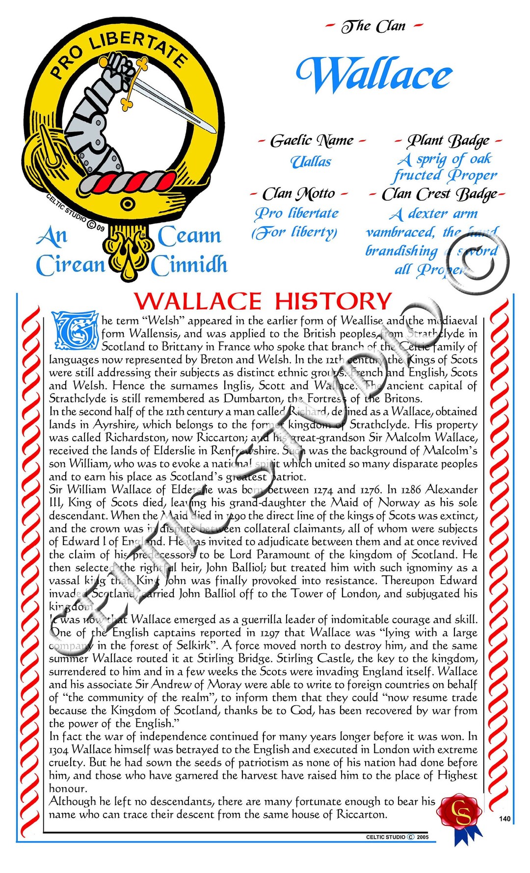 Wallace Scottish Clan History - Etsy