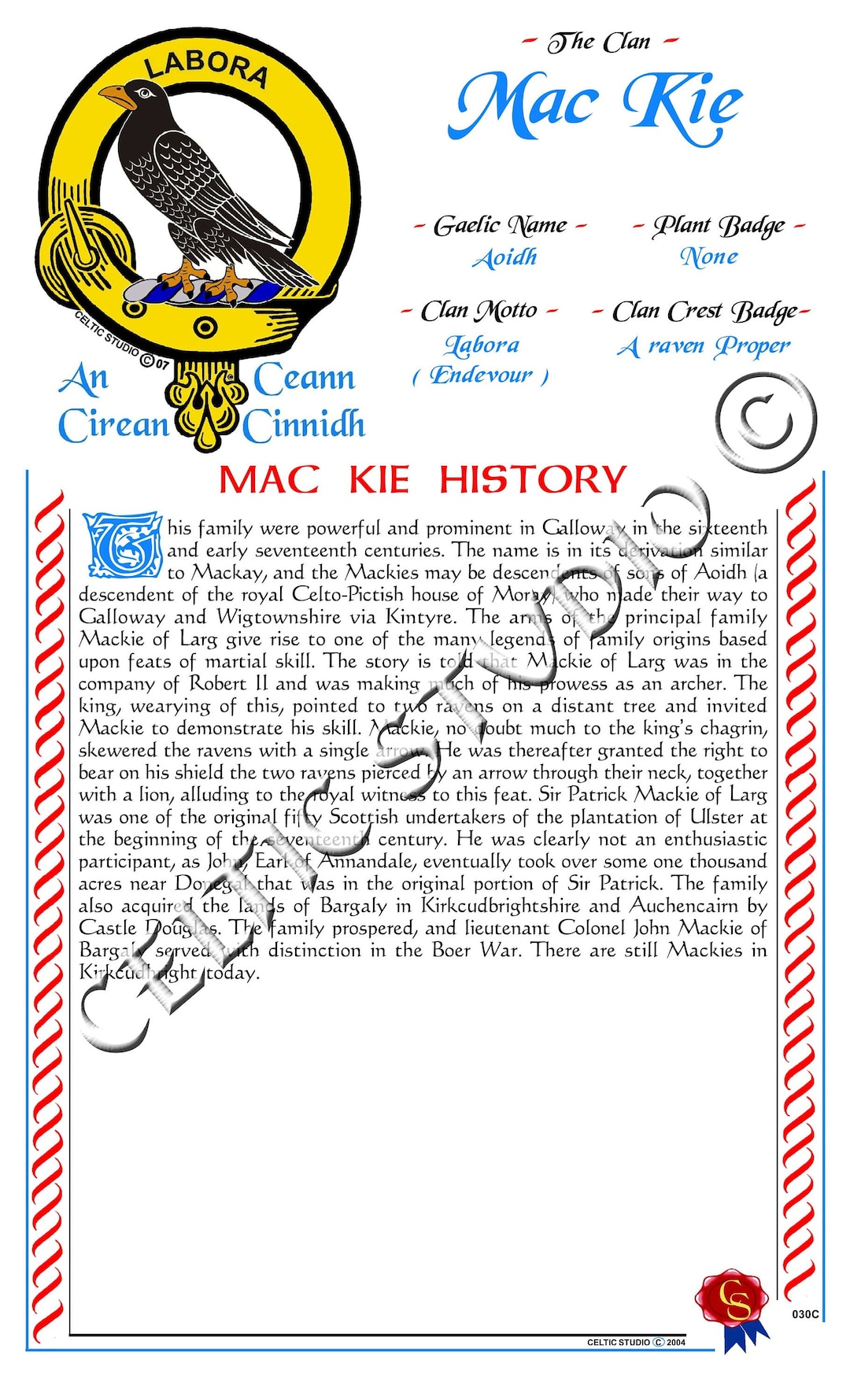 Mackie Scottish Clan History - Etsy