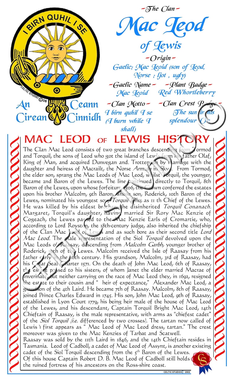 Macleod (lewis) Scottish Clan History - Etsy