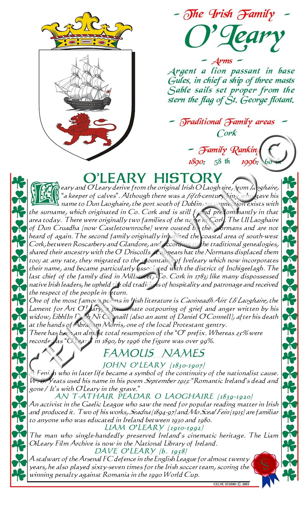 O'leary Irish Family History - Etsy