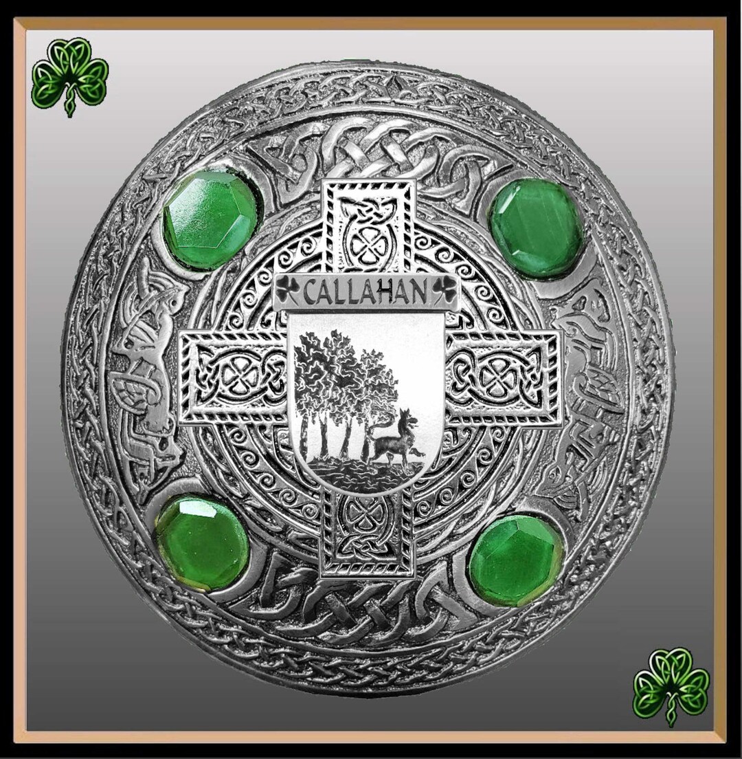 Callahan Irish Coat of Arms Celtic Cross Plaid Brooch With Green Stones ...
