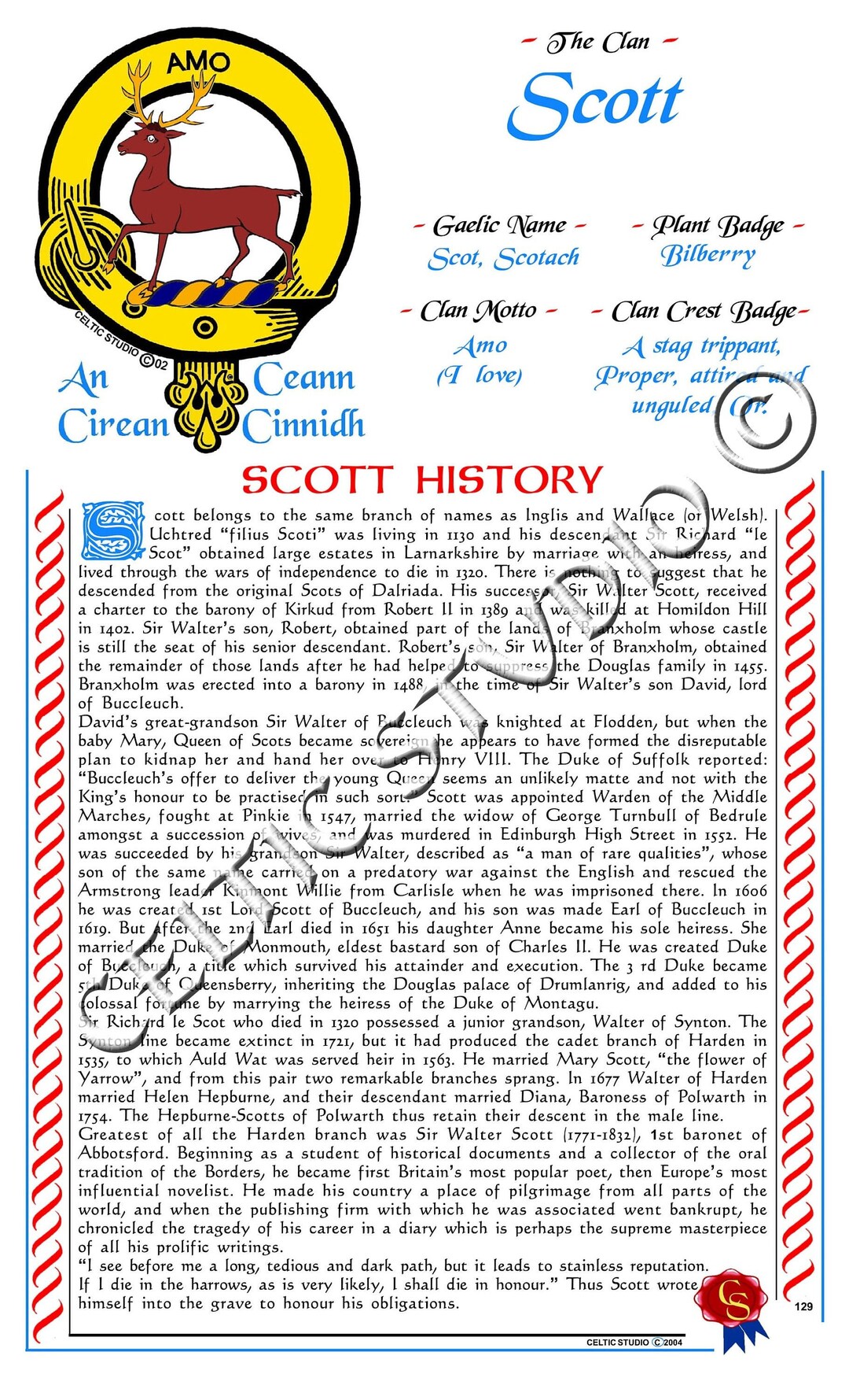 Scott Scottish Clan History - Etsy