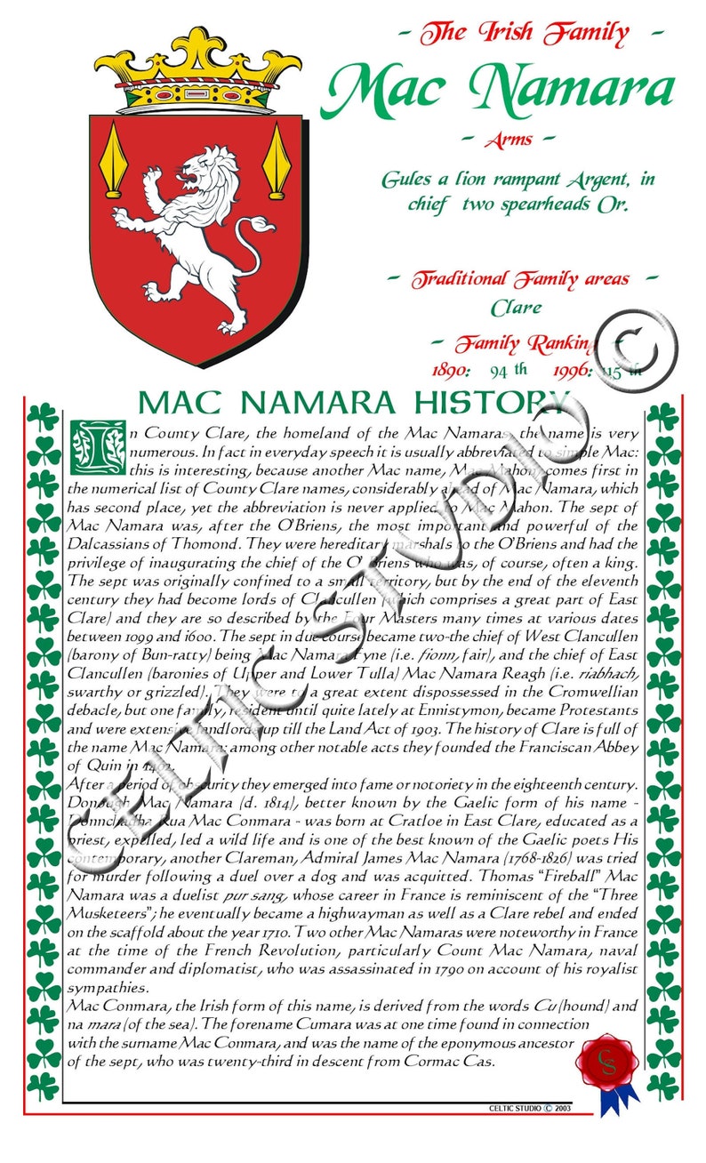 Mcnamara Irish Family History - Etsy