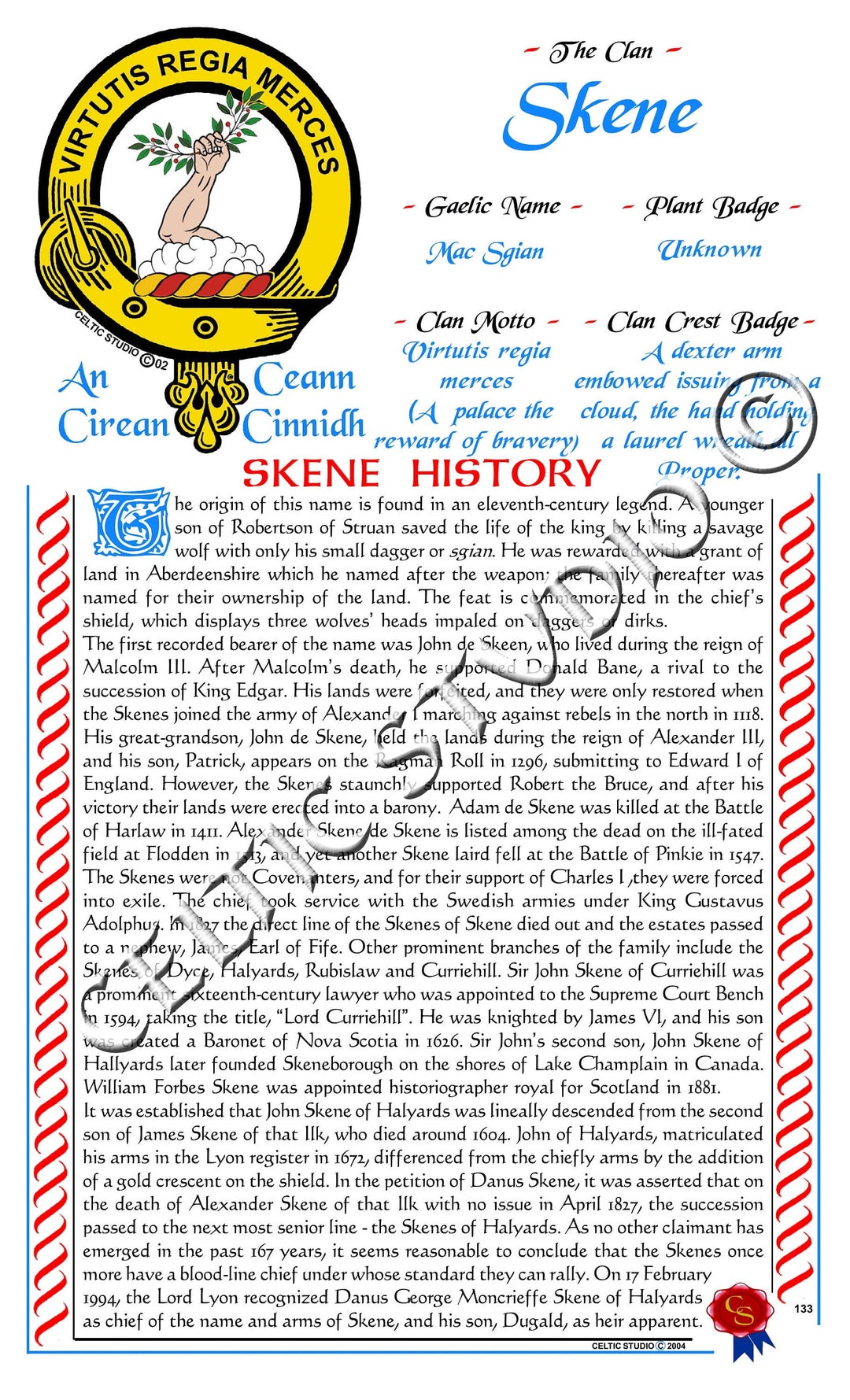 Skene Scottish Clan History - Etsy