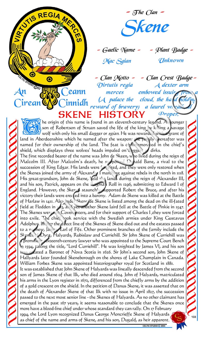 Skene Scottish Clan History - Etsy