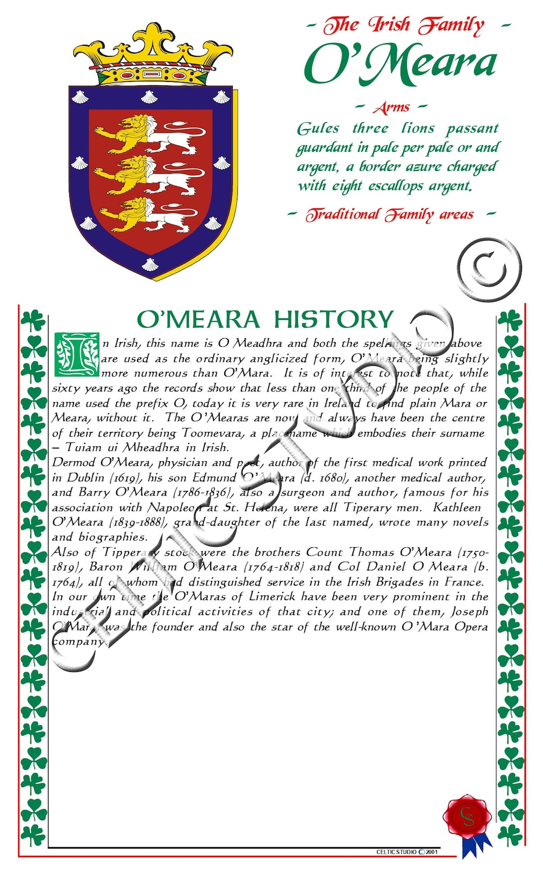 O'meara Irish Family History - Etsy