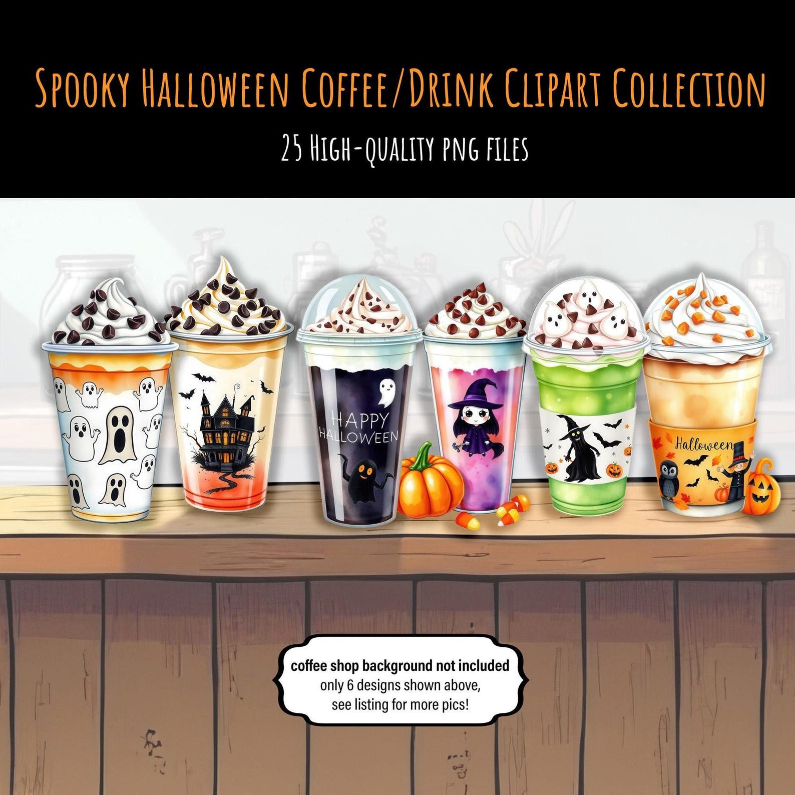 Halloween Coffee Clipart Set Spooky Watercolor Drink PNG Bundle Pumpkin ...