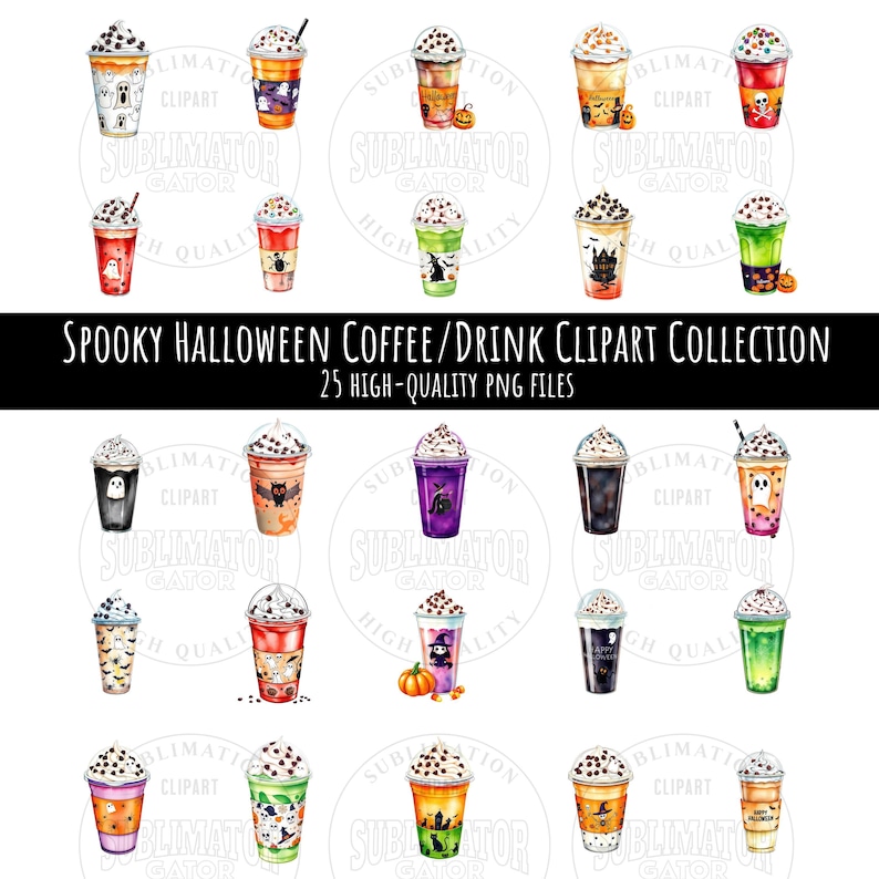 Halloween Coffee Clipart Set Spooky Watercolor Drink PNG Bundle Pumpkin ...