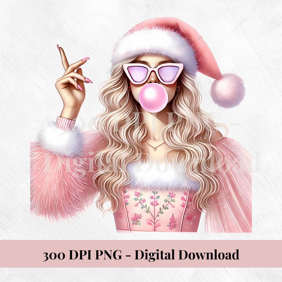 Cool Girly Santa Clipart With Bubblegum, Pink Christmas Girl PNG, Cute ...