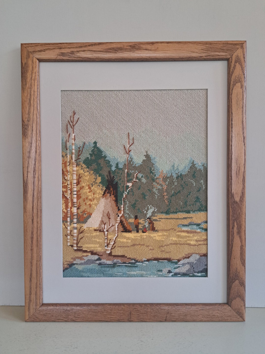 Vintage Needlepoint Framed Wall Hanging the Autumn Camp Framed 1980s Fiber Art - Etsy